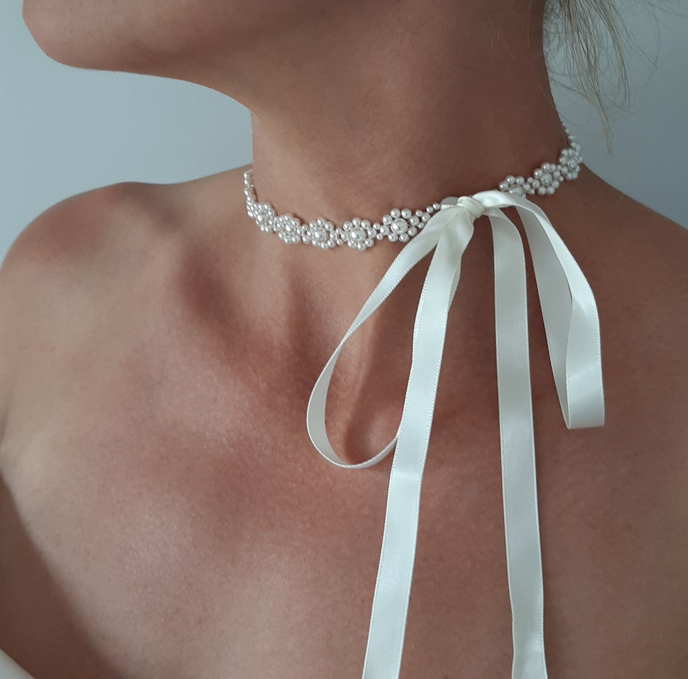 Margie - flower shaped crystal based pearls and ribbon choker necklace ...